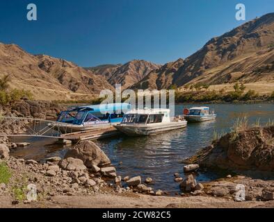 Boat at Pittsburg Landing on Snake River in Hells Canyon, Idaho, USA ...