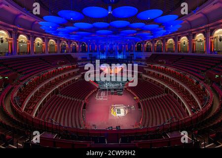 Acoustic diffusing discs (lit in purple) hanging from the roof of the ...