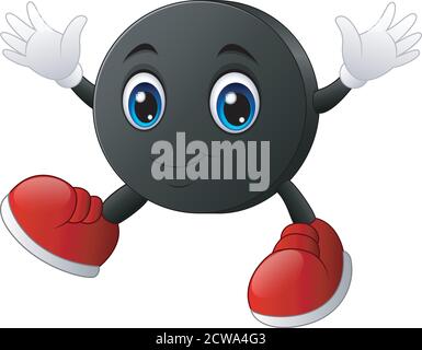 Happy cartoon hockey puck character with a beaming smile waving its ...