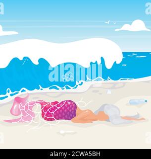 Vector illustration of a mermaid trapped in a plastic bottle in the ...