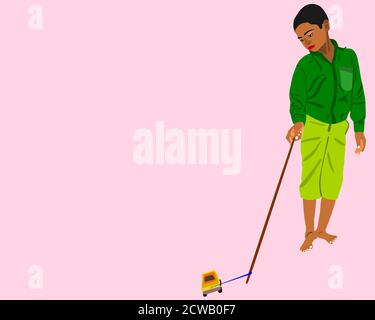 An indian village boy cartoon playing Gilli Danda alone on light ...
