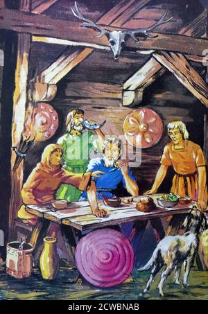 Illustration depicting a medieval English lord in his home. Circa 11th ...