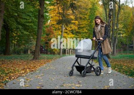 Young woman with a baby in a stroller getting into a bus on the bus ...