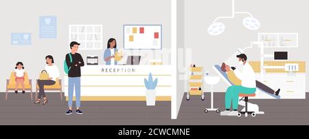Modern clinic reception flat vector illustration. Smiling doctor, woman ...