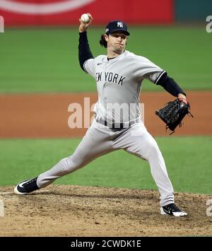 New York Yankees' Gerrit Cole warms up before of a spring training ...