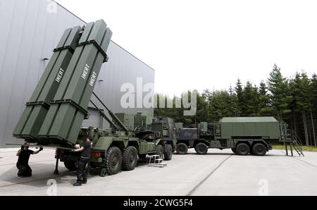A Medium Extended Air Defense System missile is launched to intercept a ...