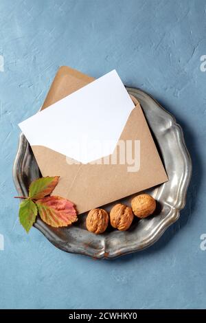 Greeting card in paper envelope. Christmas background on green paper ...