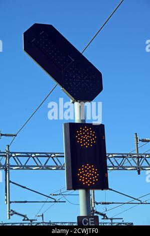 Railway signals. Double yellow - Preliminary caution and Red - Danger ...