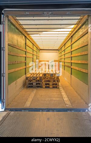 Interior of Truck Trailer With Cargo Pallets Stock Photo - Alamy