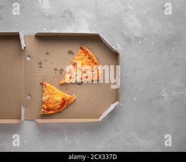Partly visible used opened pizza box with two ugly pieces of cold pizza ...