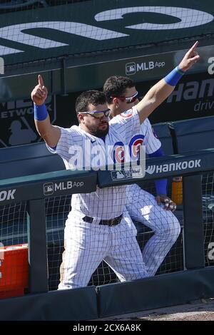 Chicago Cubs' Ian Happ (8) celebrates in the dugout after scoring ...