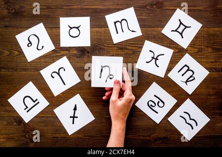 Flat lay of twelve zodiac signs. Horoscope concept, top view Stock ...