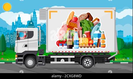 Van car full of food products. Shop and farm delivering service ...