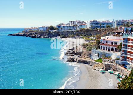 Elevated view along Malaga beach and coastline at dusk, Malaga, Costa ...