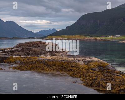 Bodo, Norway - August 18, 2019: Mountain landscape, boat on the water ...