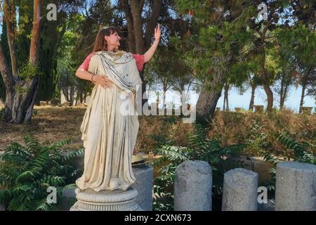 woman shows hand gesture as philosophers in ancient Greece, isolated on ...