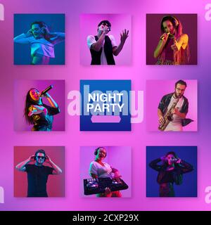 Bright portrait of people on multicolored background. Collage made of 8 ...