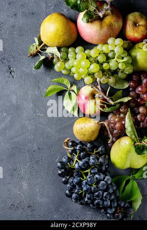 A variety of ripe fruit, apples, pears, grapes, and yellow, red and ...