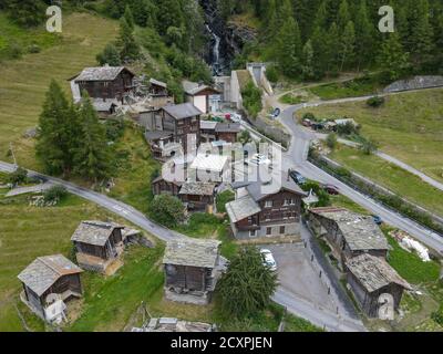 Aerial view at the village of Tasch near Zermatt in the Swiss alps ...