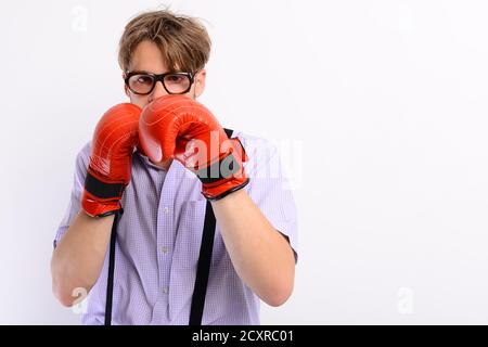Nerd with leather box equipment isolated on white background, copy ...