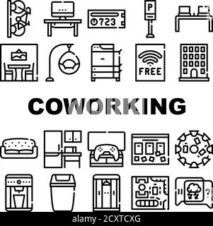 Workspace layout linear icons set. Collaborative, Ergonomic, Organized ...
