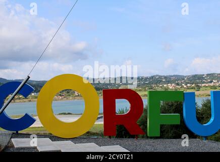 CORFU lettering at Skyview Cafe overlooking Corfu Airport, Corfu ...