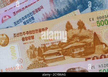 Various banknotes of North Korean won KPW , currency bill Stock Photo ...
