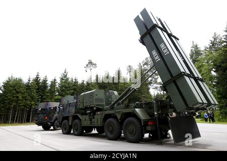 A Medium Extended Air Defense System missile is launched to intercept a ...