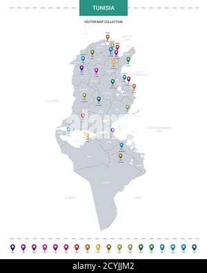 Location of Tunisia on the world map, marked with Tunisia flag pin. Cartographic vector ...