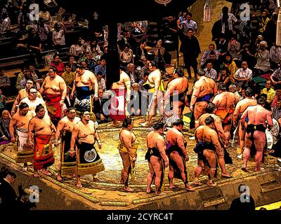 Judge and sumo wrestlers in the Tokyo Grand Sumo Tournament, Japan ...