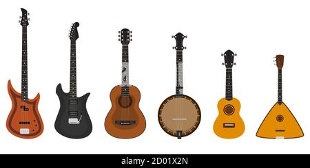 Set of stringed musical instruments. Collection of balalaika, harp ...
