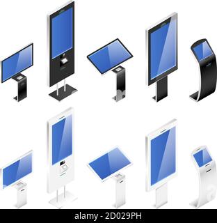 Self order kiosk realistic 3d vector mockup. Vending machines with sensor panel and pos terminal ...