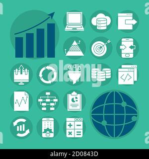 global network and data analysis icon set over blue background, line ...