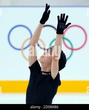 Japanese figure skater Yuzuru Hanyu takes part in a training session ...