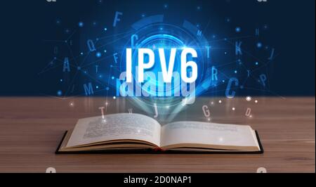 IPV6 inscription coming out from an open book, digital technology ...