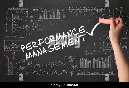 Hand drawing PERFORMANCE MANAGEMENT inscription with white chalk on ...