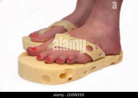 Fashion, cheese feet, sandals made of Emmental cheese, Berlin Germany ...