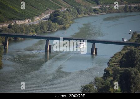 view into Mosel valley with the bridge to Reil Stock Photo - Alamy