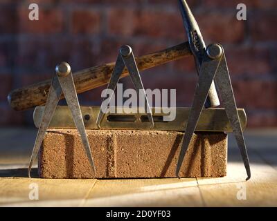 Antique technical drawing instruments, on an old distressed table Stock ...