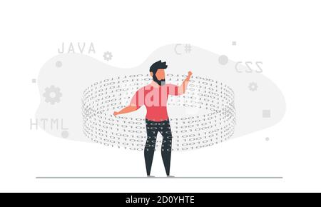 The man professionally programs in virtual reality. Programmer software developer concept vector ...