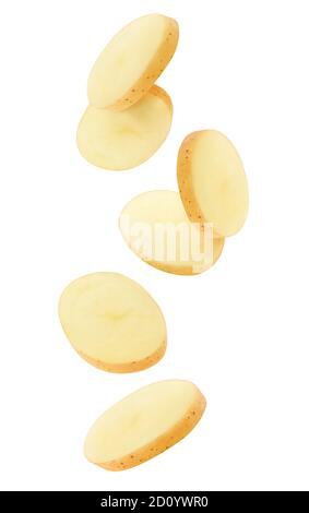 Falling potato slices isolated on white background Stock Photo - Alamy