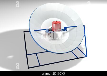 Parabolic solar cooker model with blue structure with a red pot on a ...