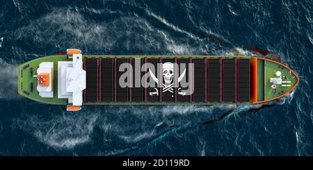 Freighter ship with piracy smuggling cargo containers sailing in ocean ...