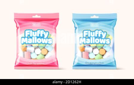 Marshmallow packets on pink and white background in 3d illustration ...