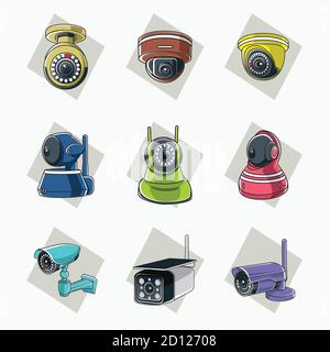 vector illustrations - indoor CCTV (camera surveillance) round shaped ...