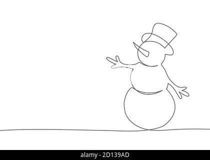 Outline snowman, one line illustration, on a watercolor background with ...