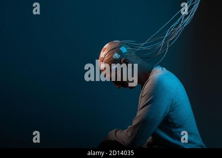 Neurointerface, brain - computer communication. Cyberpunk concept of a ...