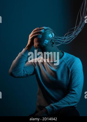 Bald man with electrodes in his brain , futuristic concept, cyber punk ...