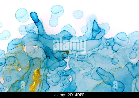 Alcohol ink blue transparent ink drops isolated on white background ...