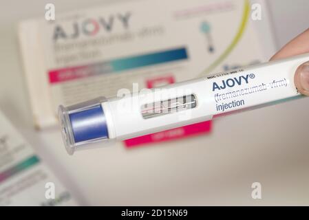 Ajovy, one of four newly FDA approved migraine preventatives. Close up ...